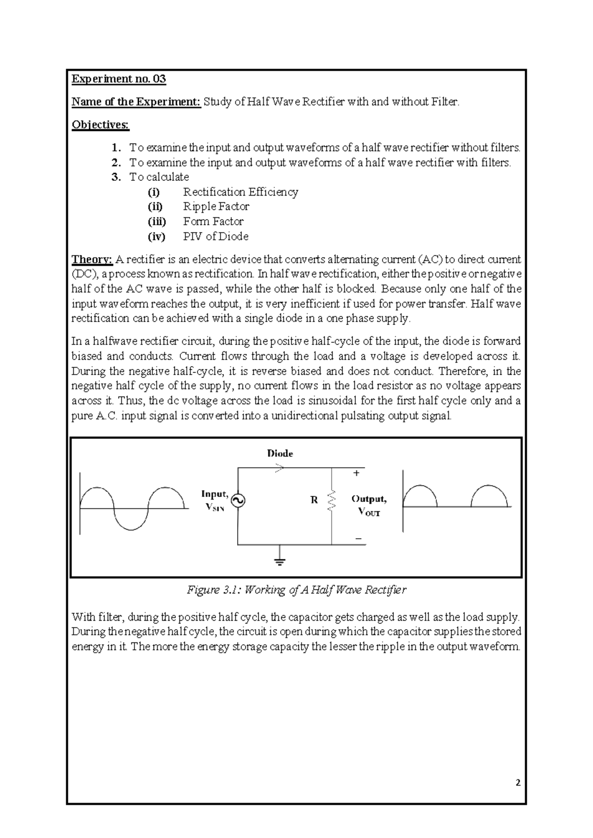 Lab Report 3 - Half Wave Rectifier Analysis With/Without Filter - Studocu