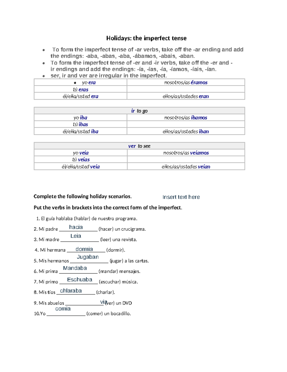 Imperfect Tense in Spanish 2: Conjugation and Holiday Exercises - Studocu