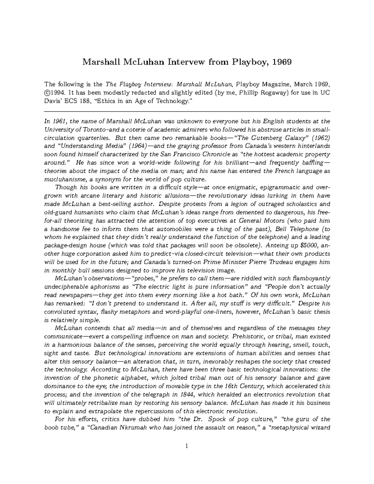 ECS 188 Final Exam Notes: McLuhan's Media Theories and Impact - Studocu