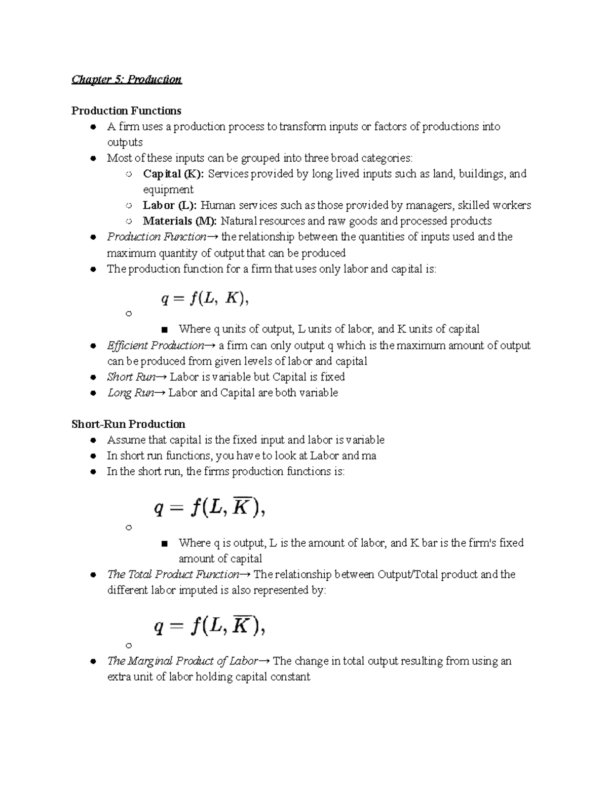 EC260 Macro Notes - Chapter 5: Production Production Functions A firm ...