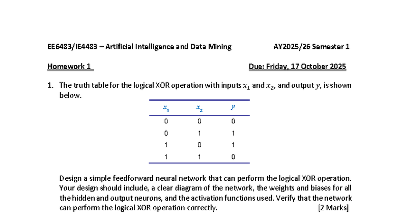 EE6483-IE4483 AI & Data Mining Homework 1: XOR Neural Network Design ...
