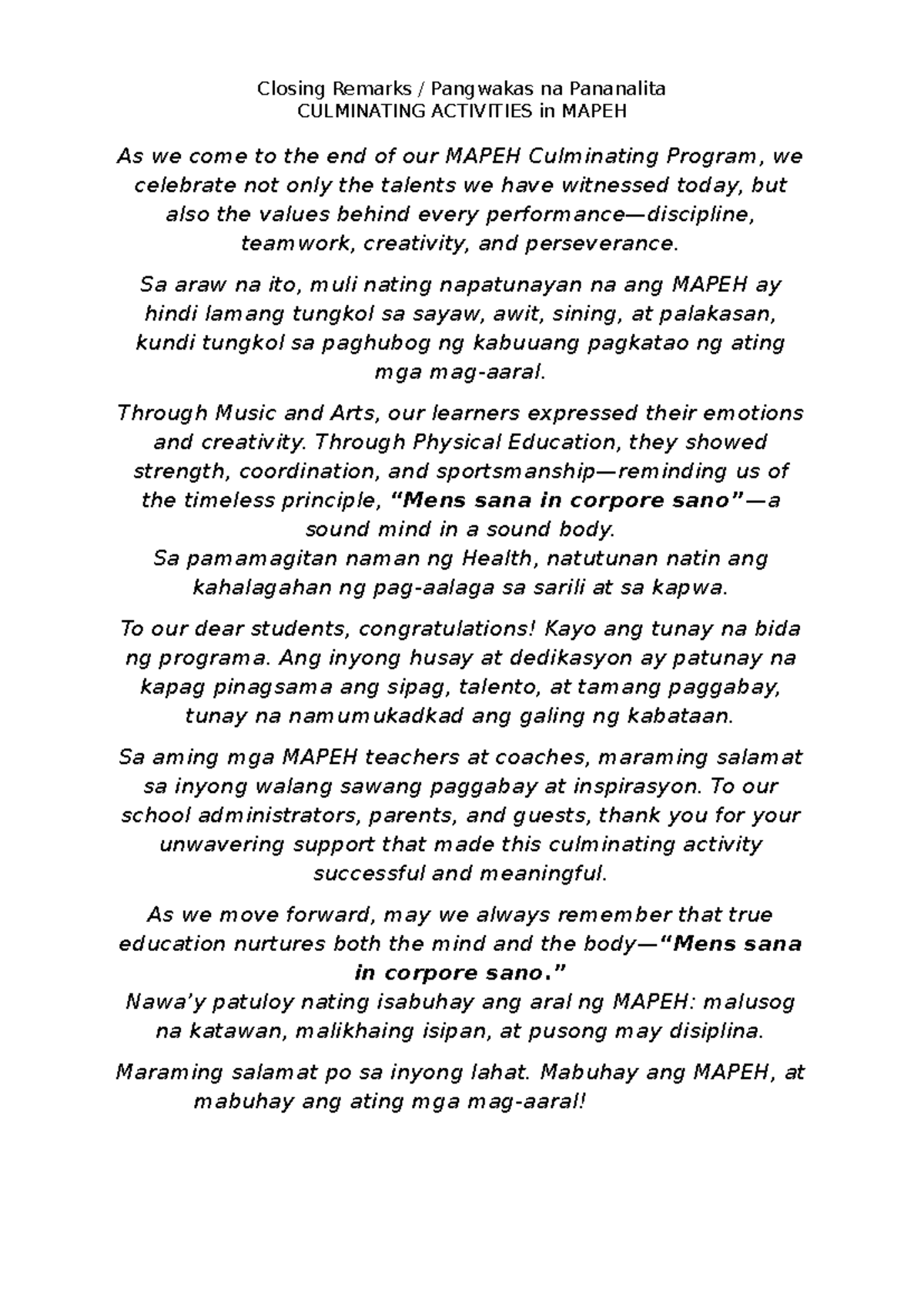 Closing Remarks for MAPEH Culminating Activity - Studocu