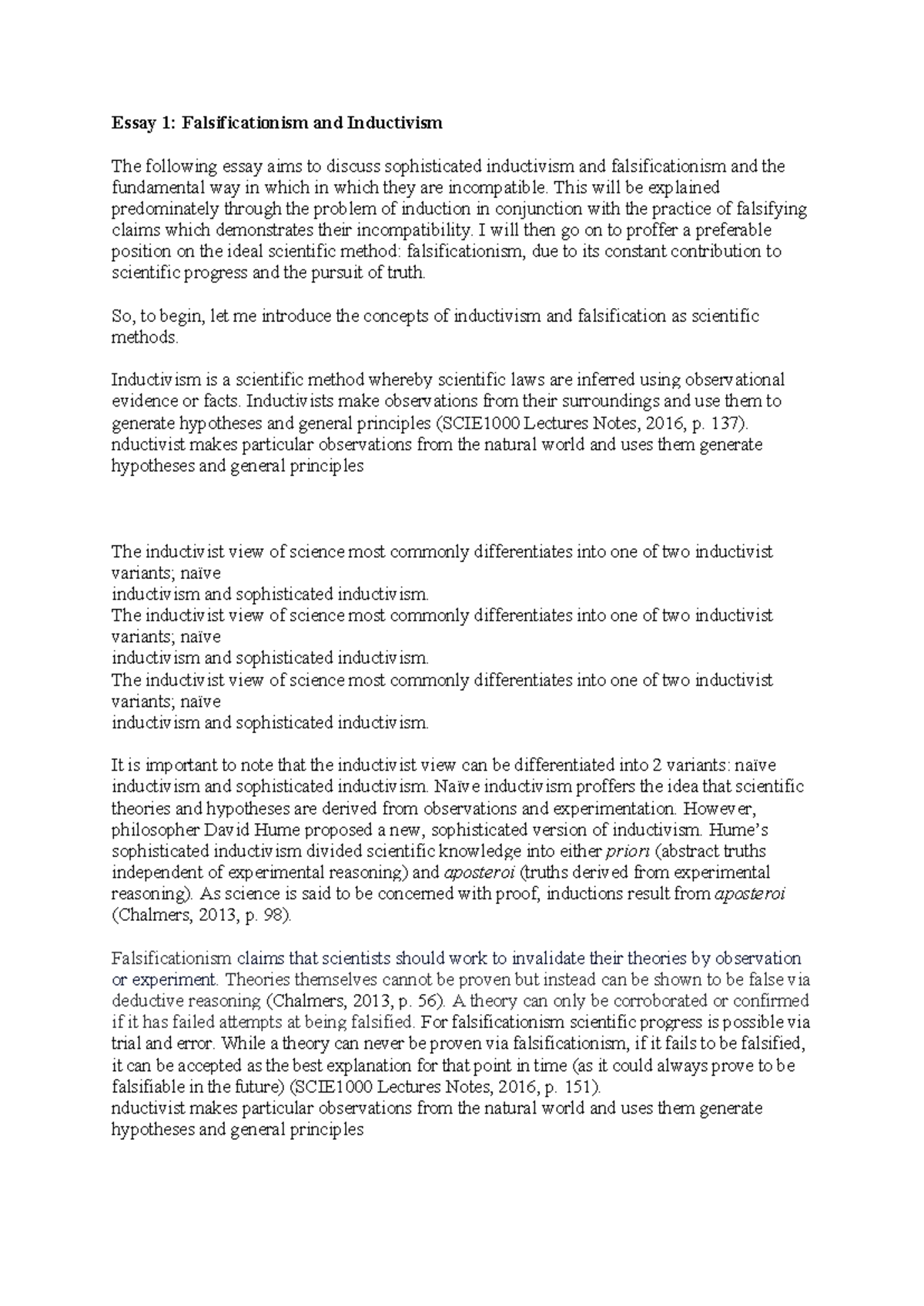 SCIE1000 Essay 1: Analyzing Falsificationism vs. Inductivism - Studocu