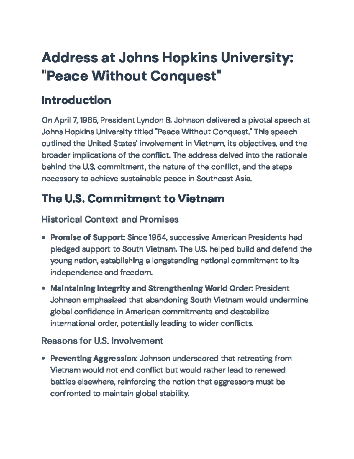 Final Exam: Analysis of Johnson's 'Peace Without Conquest' Speech - Studocu