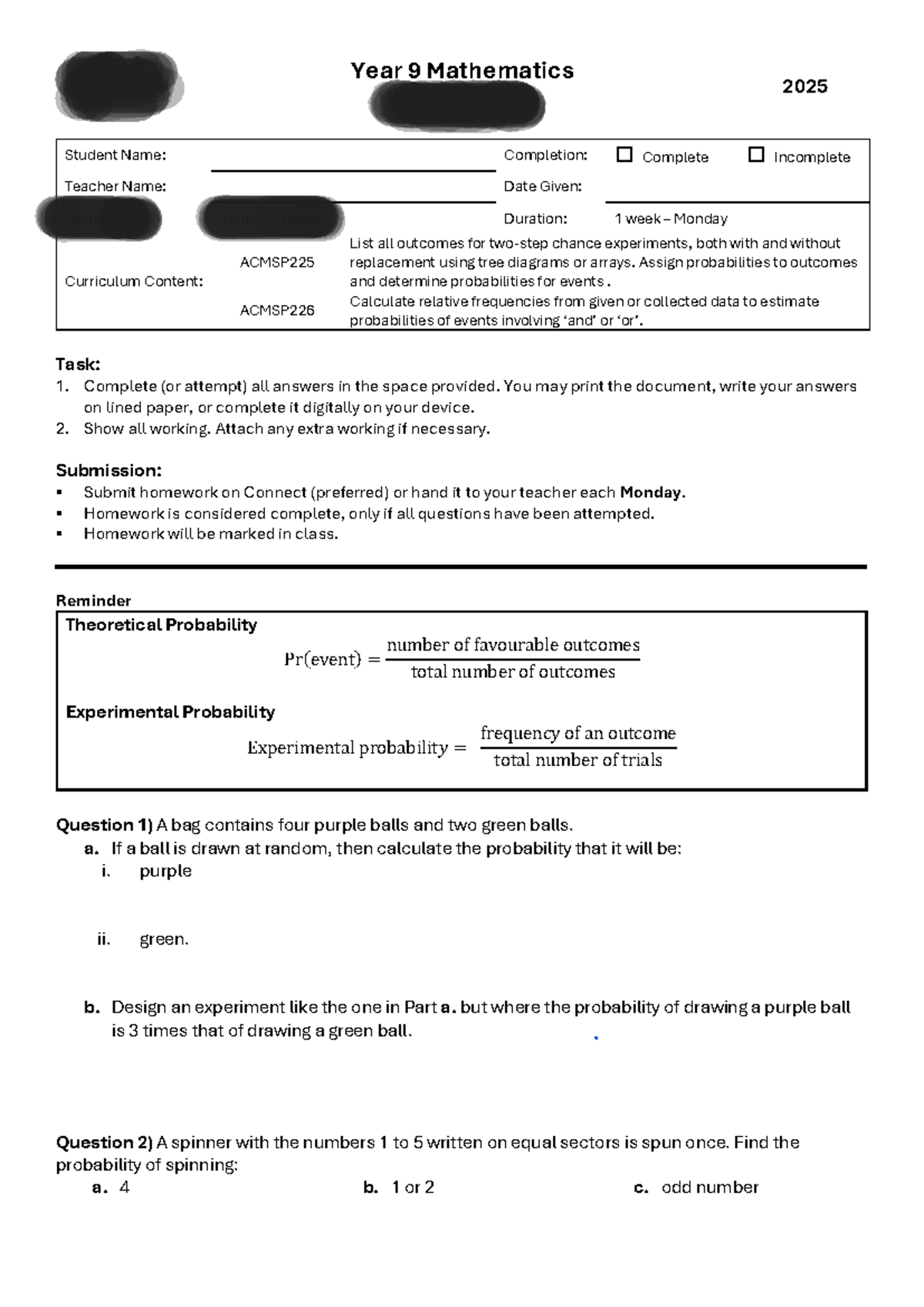 Y9 Maths Homework: Probability Practice Tasks ACMSP225 & ACMSP226 - Studocu
