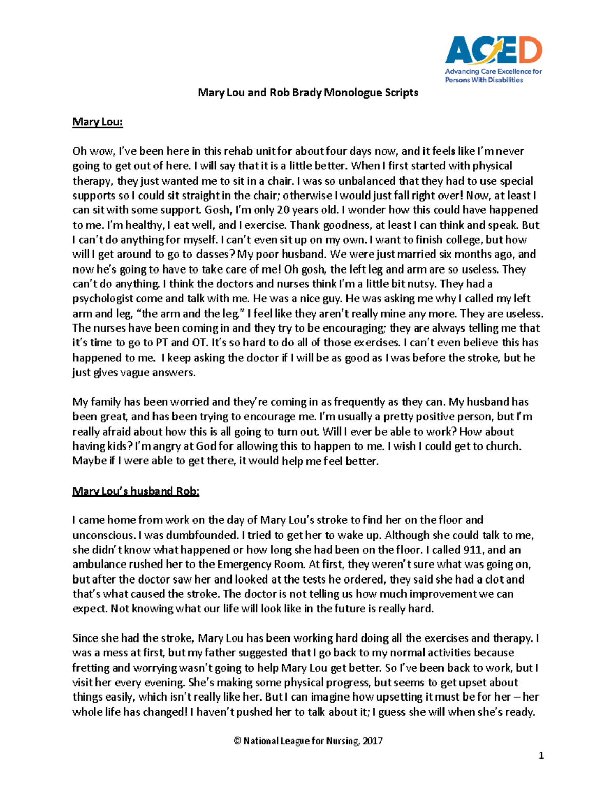 Brady Monologue Script: Mary Lou & Rob's Journey Through Rehab - Studocu