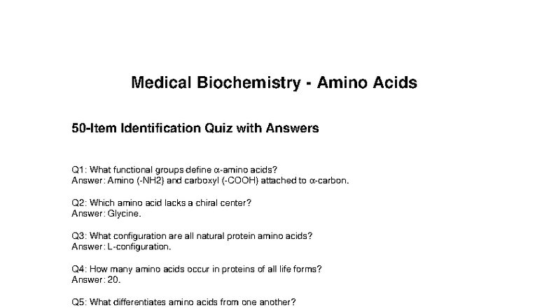 Medical Biochemistry Amino Acids Identification Quiz (Q1-Q55) - Studocu