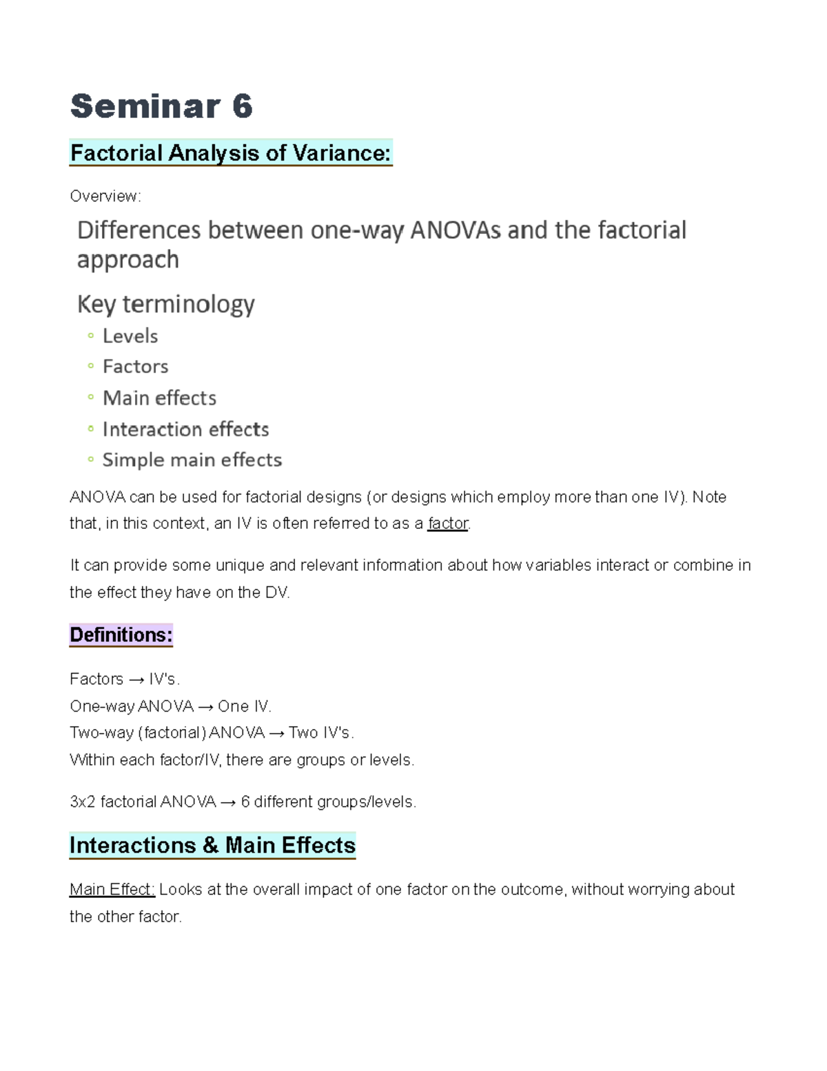 Seminar 6: Overview of Factorial ANOVA and Interaction Effects - Studocu