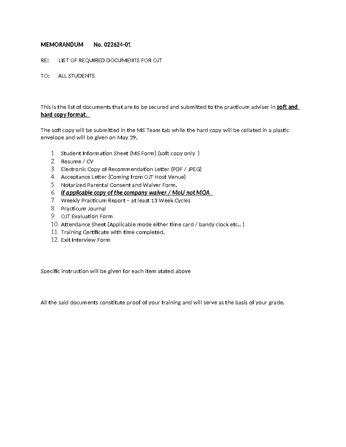 OJT Requirements Checklist for Students: Submission Details & Documents ...