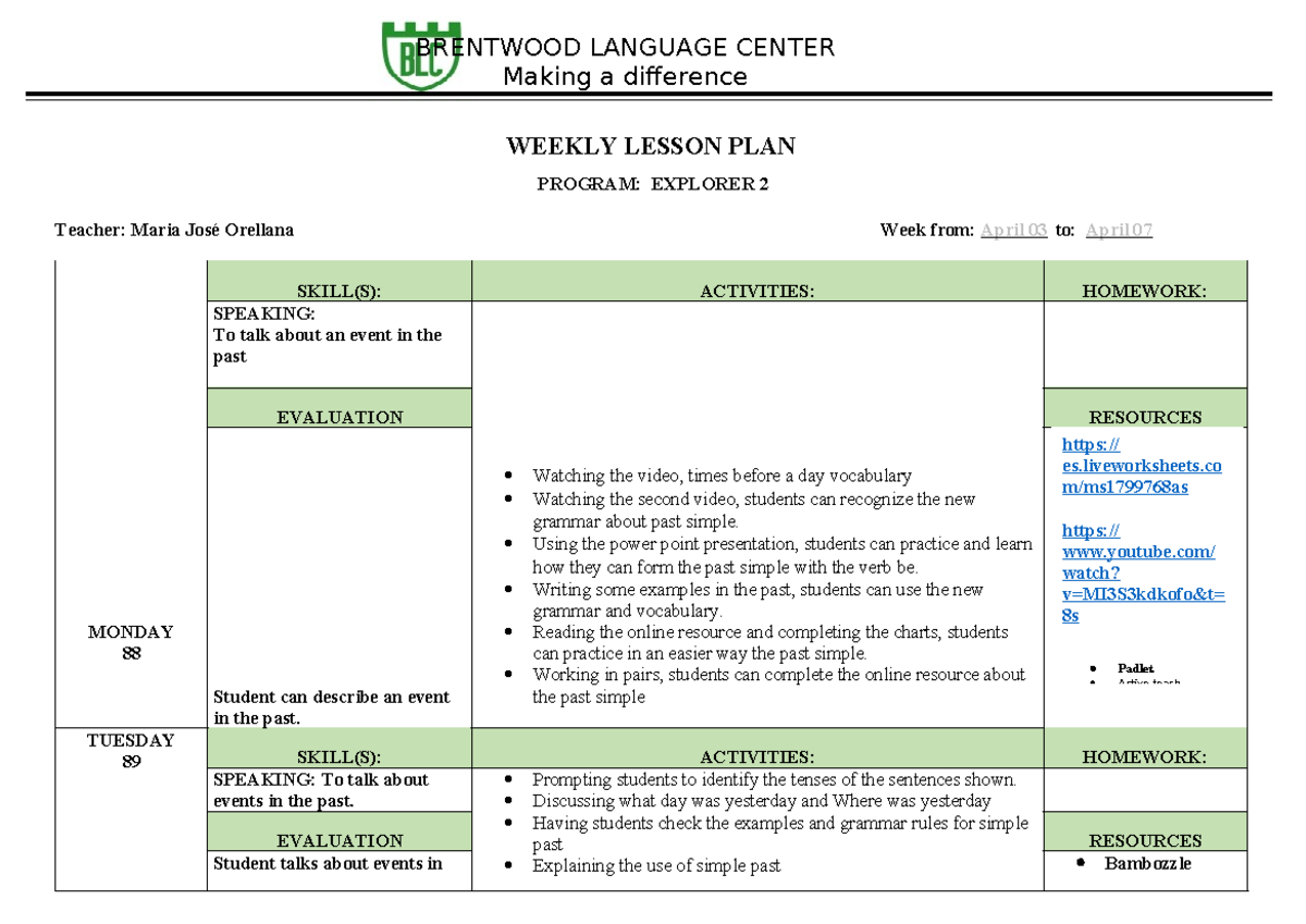 E2 WLP WEEKLY LESSON PLAN (APR 03-07) - EXPLORER 2 - Studocu