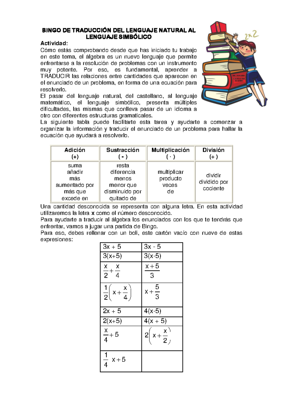 Bingo de Traducción del Lenguaje Natural al Simbólico - Actividad 2023 ...