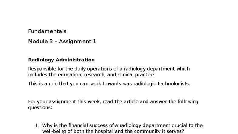 Module 3 Assignment 1: Radiology Administration Insights - Studocu