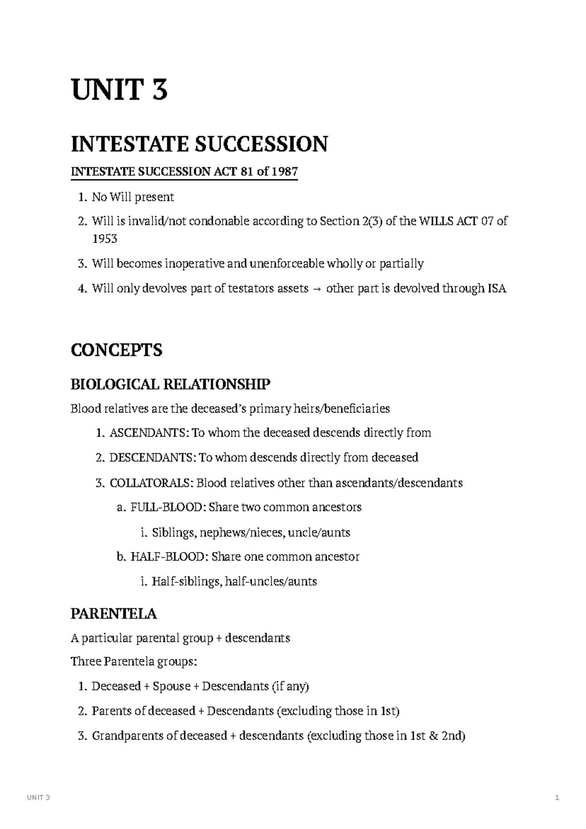 Intestate Succession Study Notes (Unit 3) - Act 81 of 1987 - Studocu