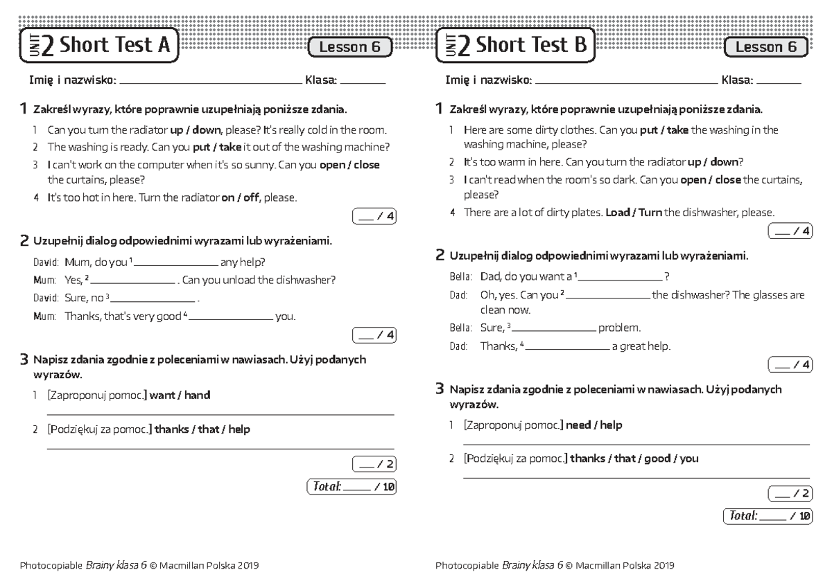 Brainy kl6 Short Tests: Unit 2 - Lesson 6 Review - Studocu