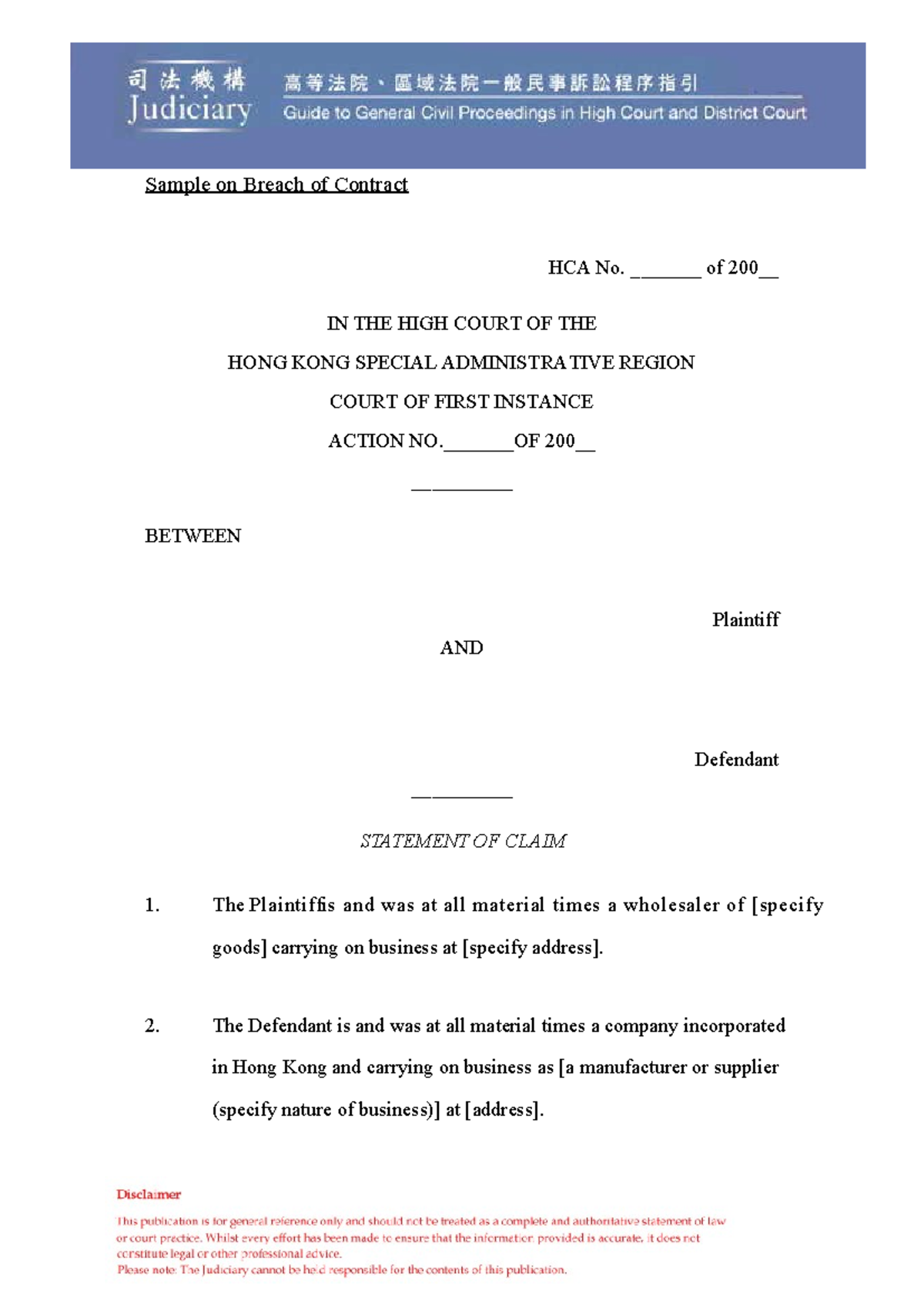 Sample Breach of Contract Statement HCA 200__ - High Court - Studocu