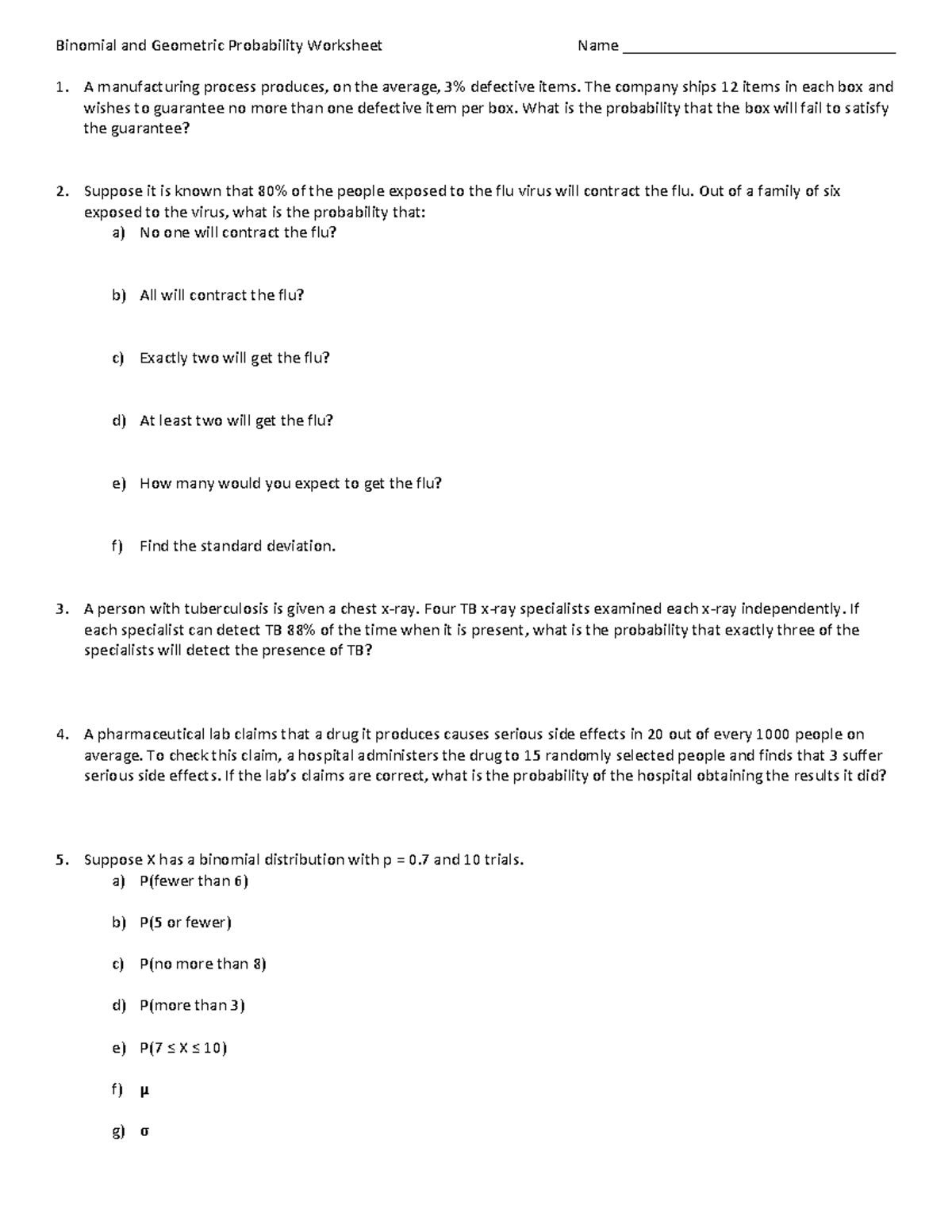 Binomial and Geometric Probability Worksheet - The company ships 12 ...
