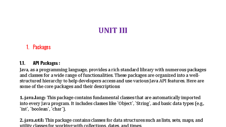 Core Java - UNIT III: API Packages and Thread Management - Studocu
