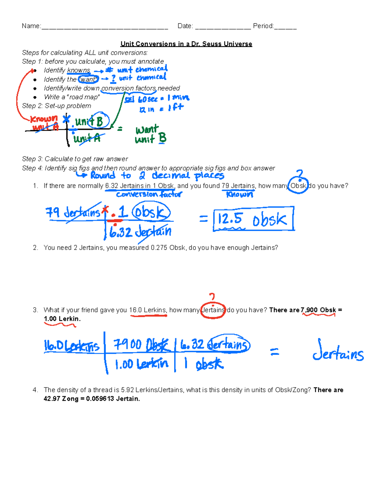Dr. Seuss Unit Conversions (Period 2) - Calculation Steps - Studocu