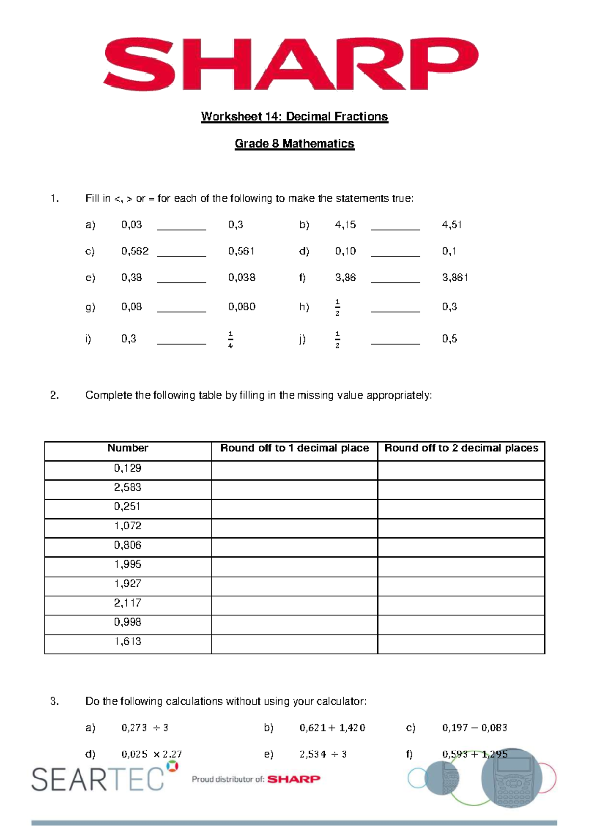 Worksheet 14: Decimal Fractions - Grade 8 Math Exercises - Studocu
