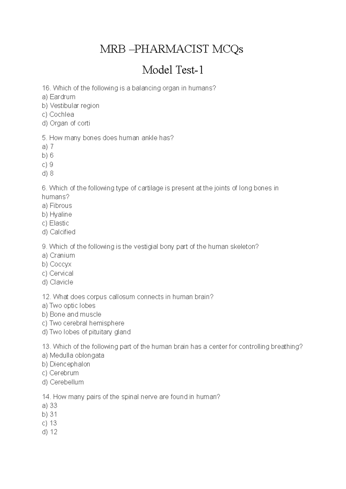 PHARM 101 - Model Test 1: MCQs on Human Anatomy and Physiology - Studocu