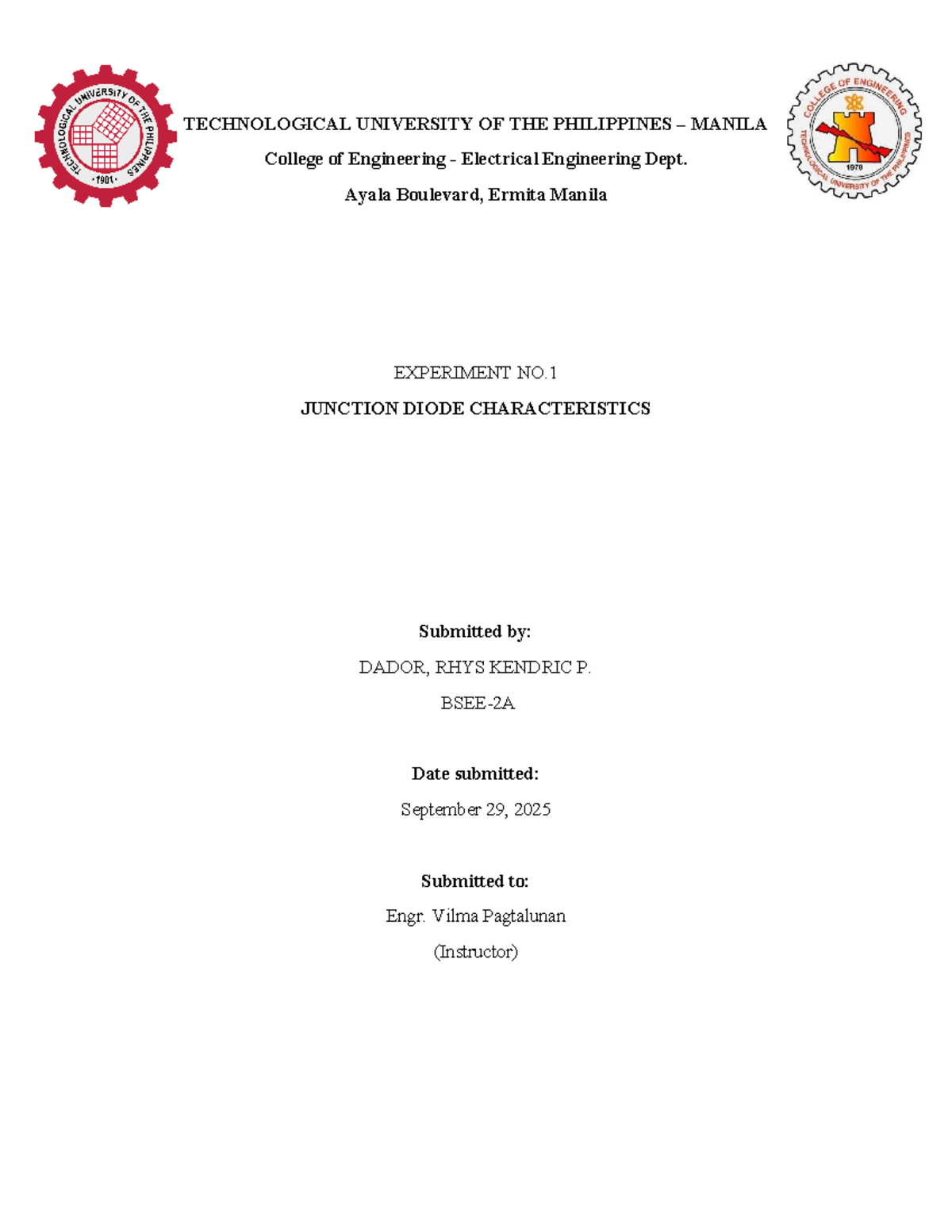 EE 101: Experiment No. 1 - Junction Diode Characteristics Analysis ...