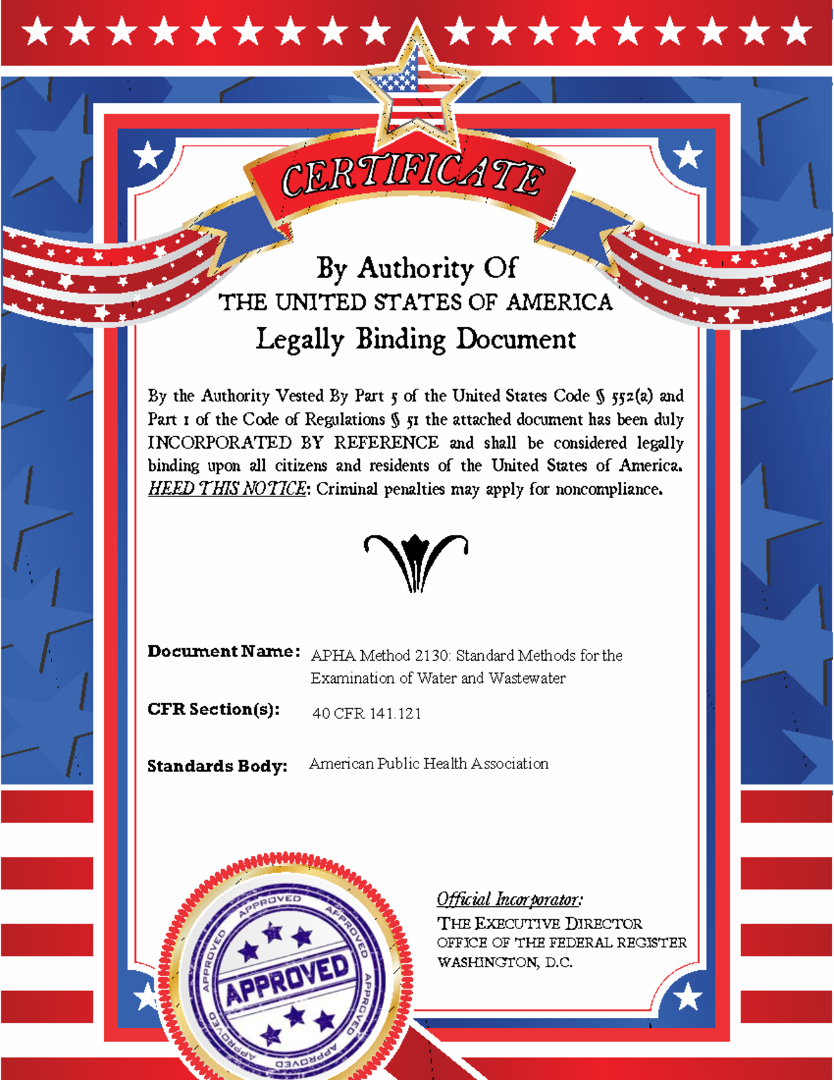 Authority of the United States: APHA Method 2130 Compliance Document ...