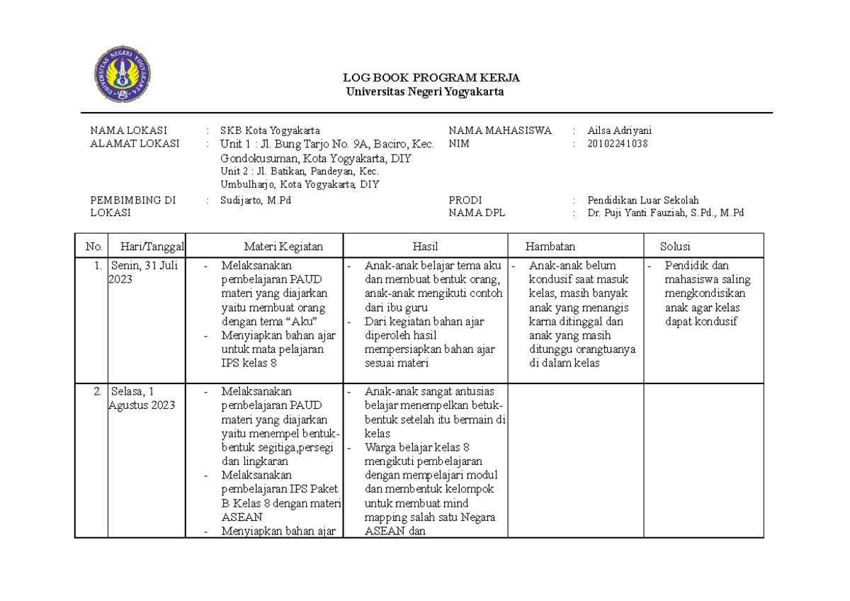 Logbook PK Minggu 3 - LOG BOOK PROGRAM KERJA Universitas Negeri ...