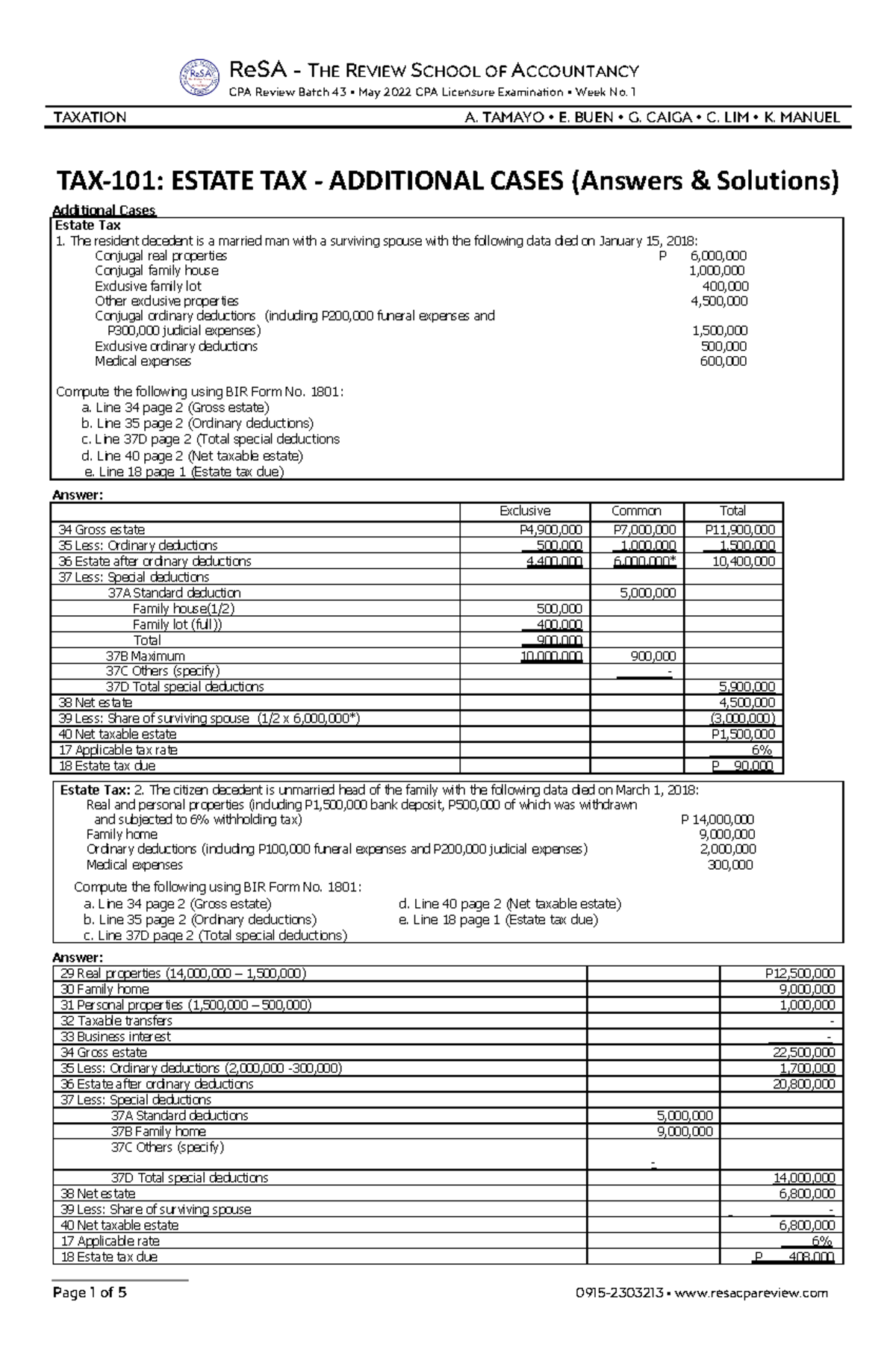 TAX-101: Estate Tax Additional Cases Solutions & Computation Guide ...