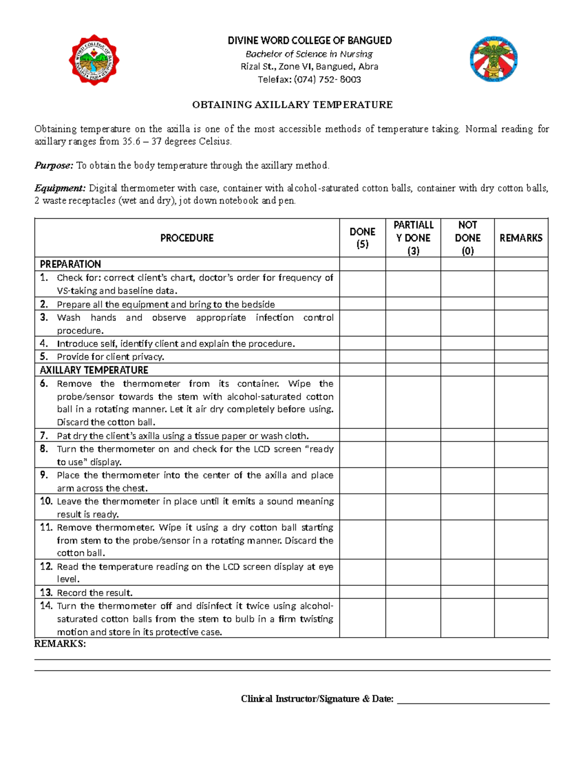 NURS 101: Vital Signs Assessment Checklist for Nursing Students - Studocu