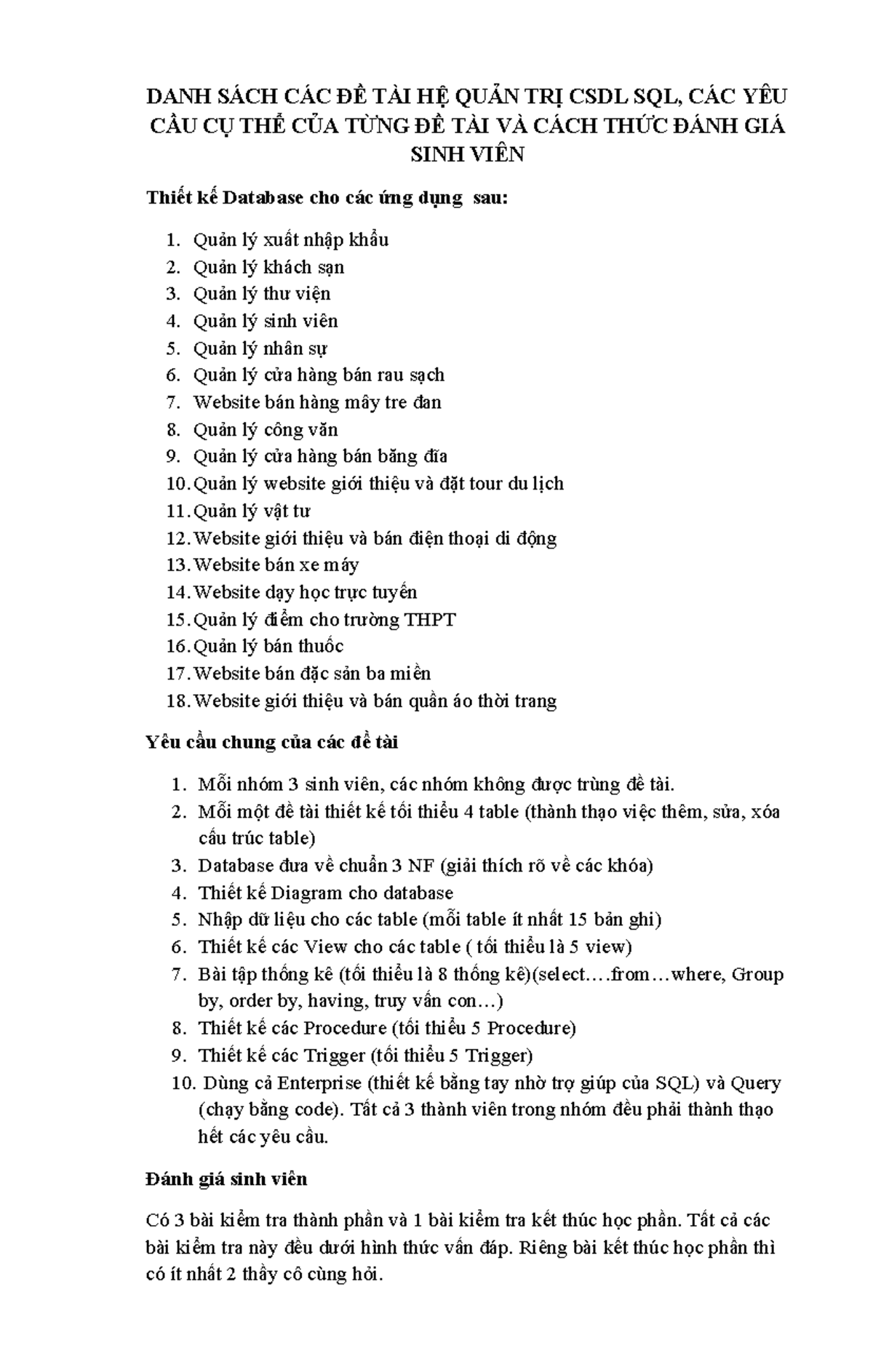 Đề Tài Hệ Quản Trị CSDL SQL: Yêu Cầu và Đánh Giá Sinh Viên - Studocu