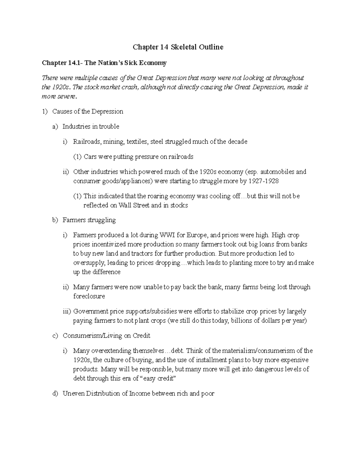 Revised Outline - Chapter 14: Impact of the Great Depression - Studocu