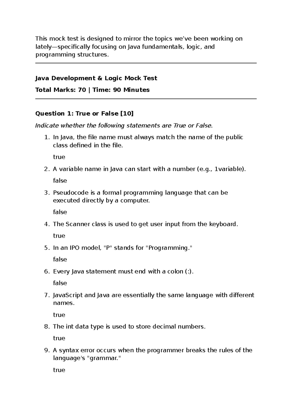 Java Development Logic Mock Test: Fundamentals & Programming Structures ...