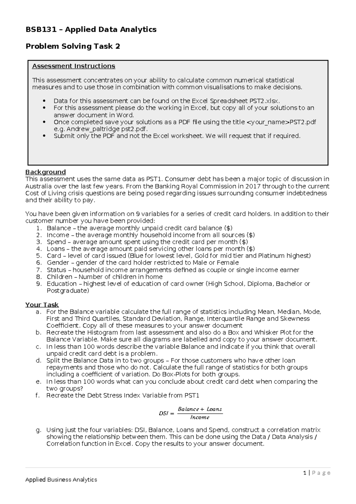 BSB131 - Applied Data Analytics: Problem Solving Task 2 Overview - Studocu