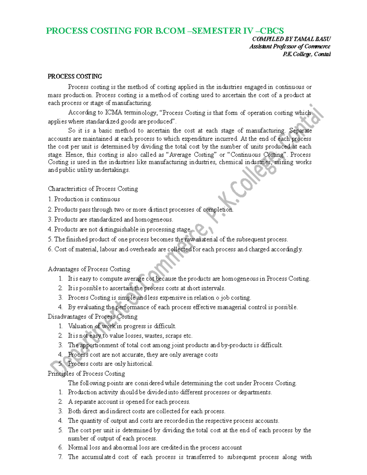 Process Costing Overview for B.Com IV - Compiled by Tamal Basu - Studocu