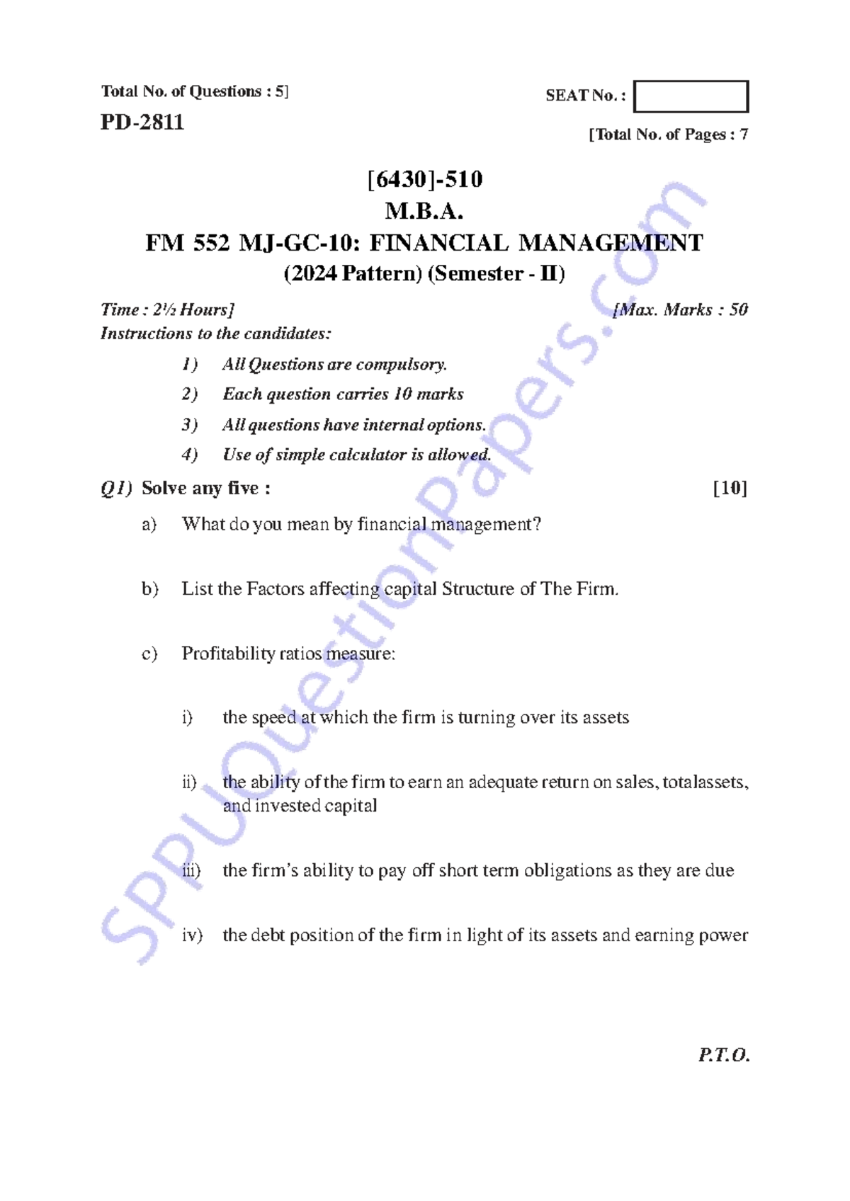 Financial Management PYQ: MBA FM 552 Semester II (2024 Pattern) - Studocu