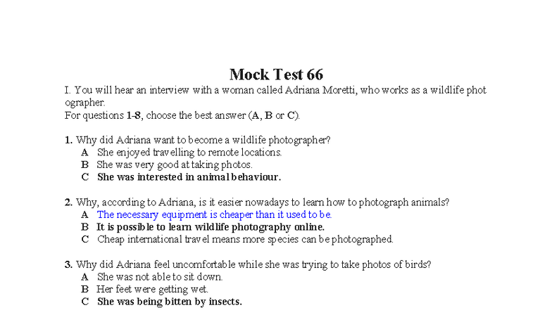 Mock Test 66 - Wildlife Photography Interview Questions - Studocu