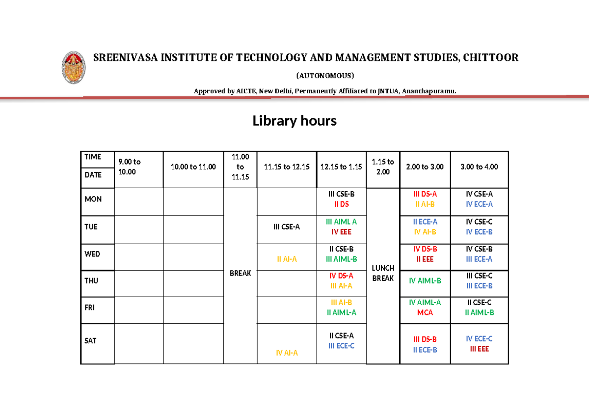 Library Slots FOR Different Branches - SREENIVASA INSTITUTE OF ...