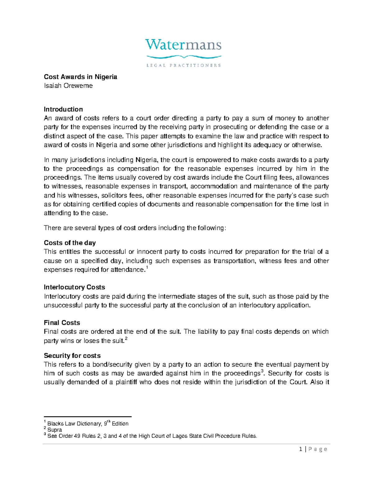 CASE LAW ON Cost Awards in Nigeria: Analysis and Implications - Studocu