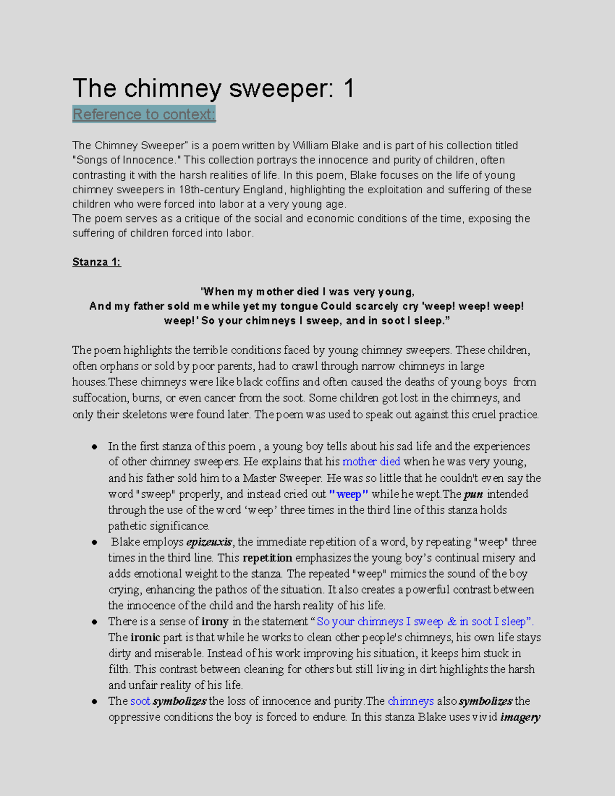 Chimney sweeper 1 - The chimney sweeper: 1 Reference to context: The ...