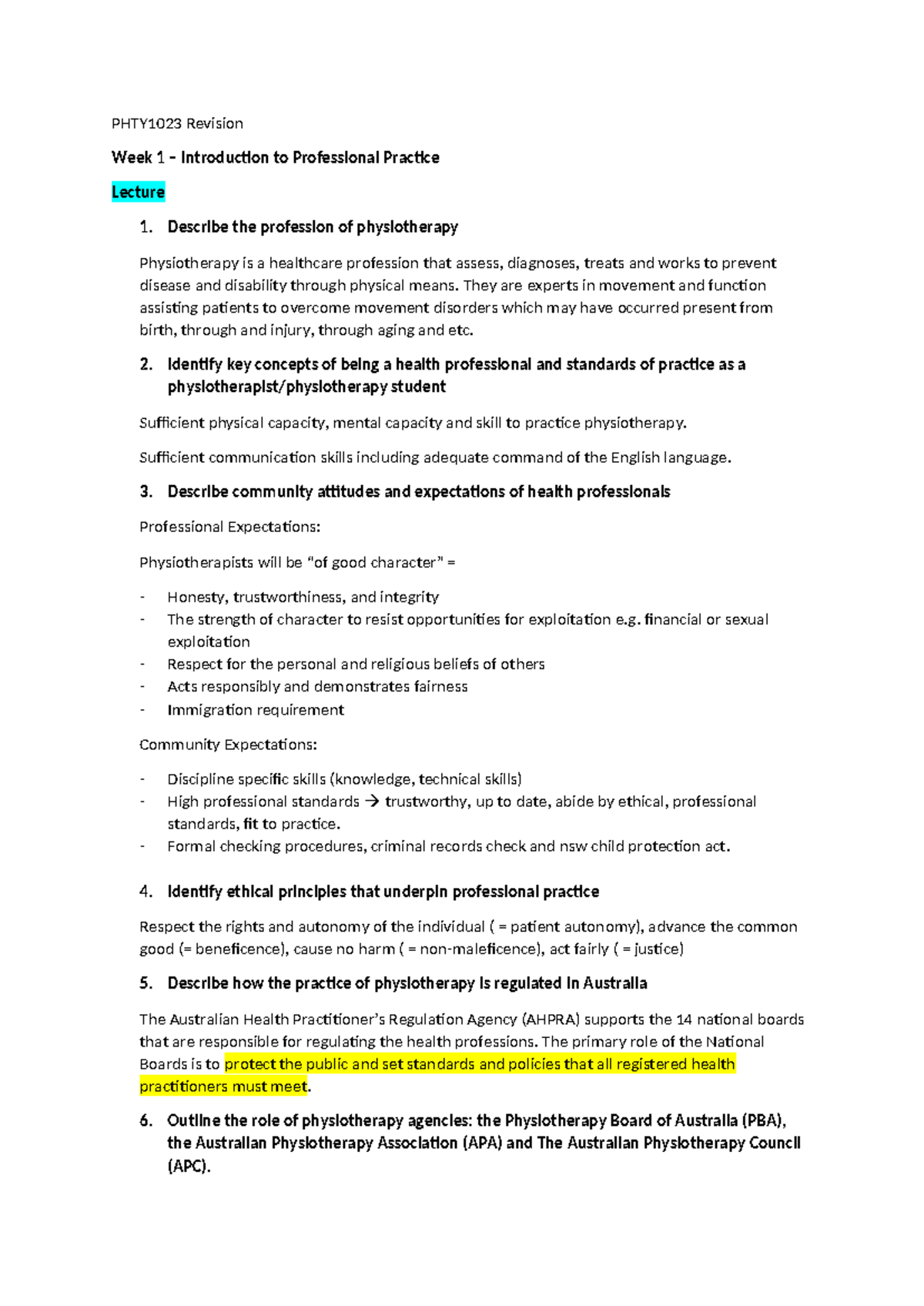 PHTY1023 Revision Week 1: Intro to Physiotherapy Practice & Ethics ...