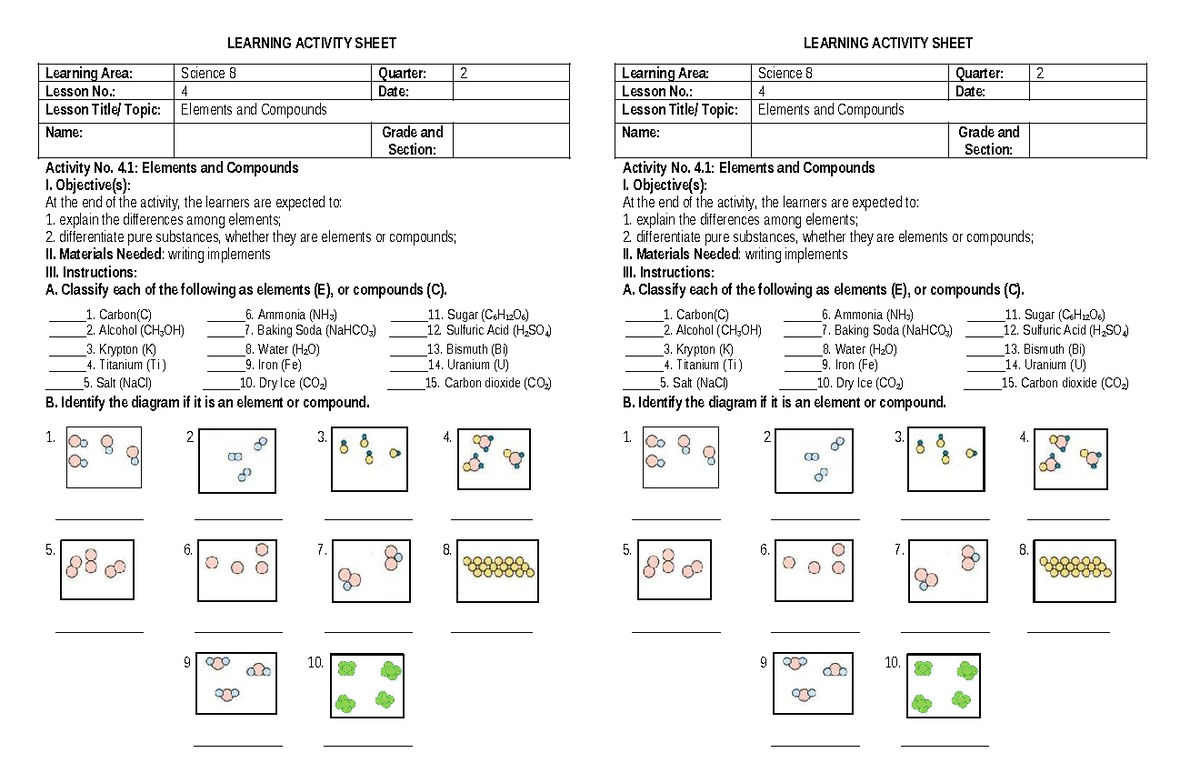 Science 8 Lesson 4: Elements and Compounds Activity Sheet - Studocu