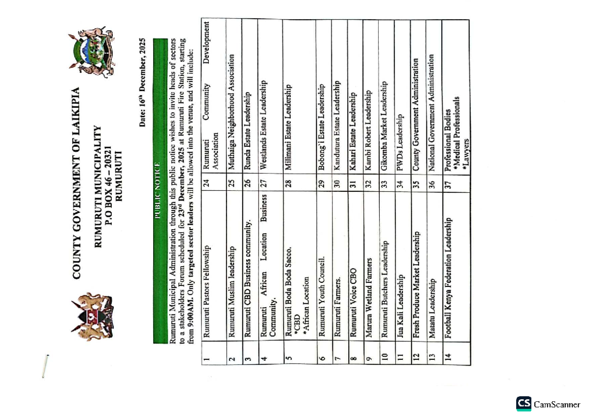 Public Notice: Stakeholders Forum on 23rd Dec 2025 in Rumuruti - Studocu
