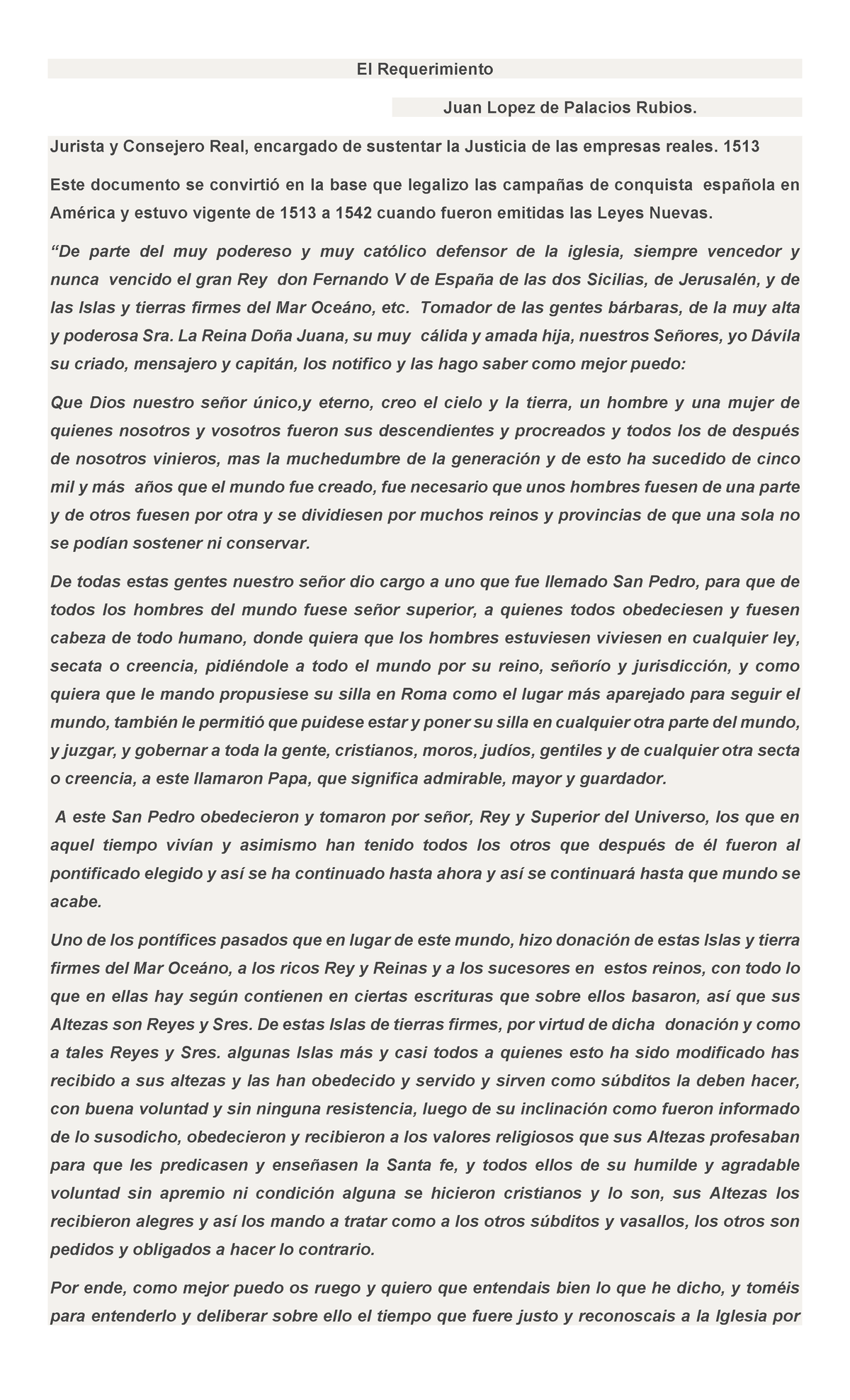 El Requerimiento: Análisis y Contexto Histórico (1513) - Studocu