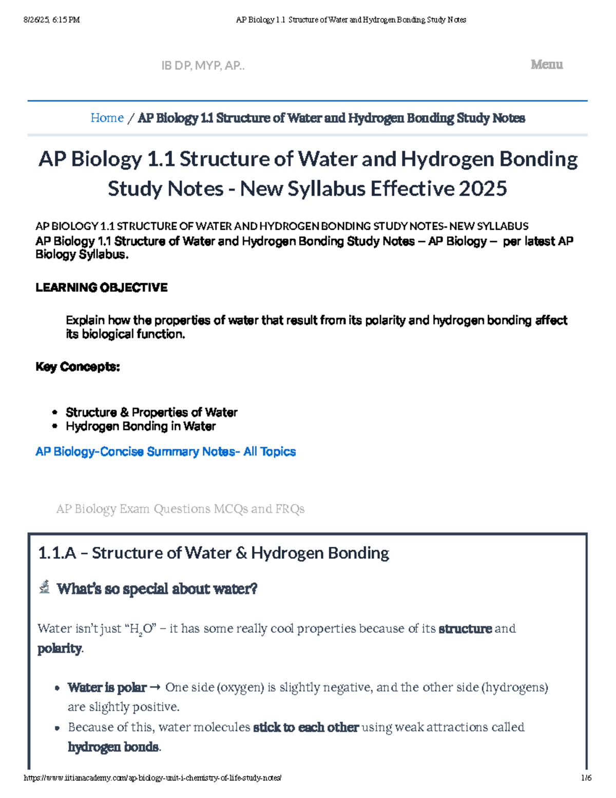 AP BIO 1.1 Study Notes: Structure of Water & Hydrogen Bonding - Studocu