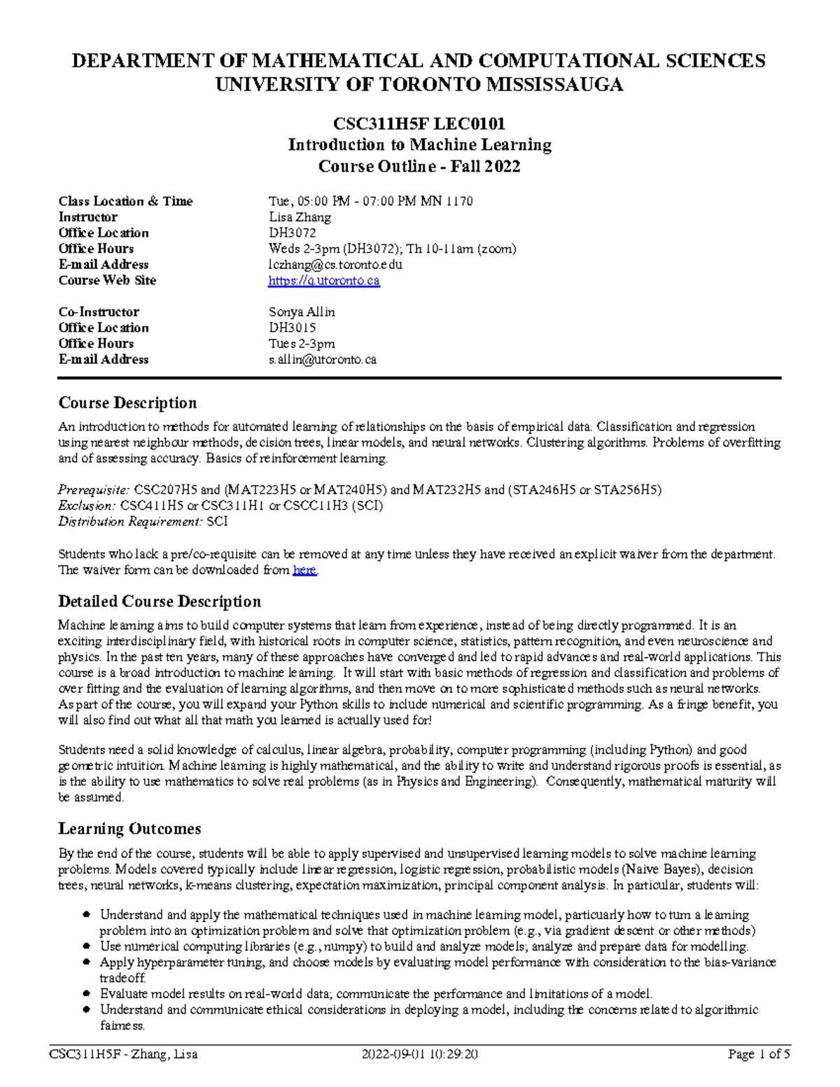 CSC311H5F LEC0101 Syllabus - Introduction to Machine Learning Fall 2022 ...