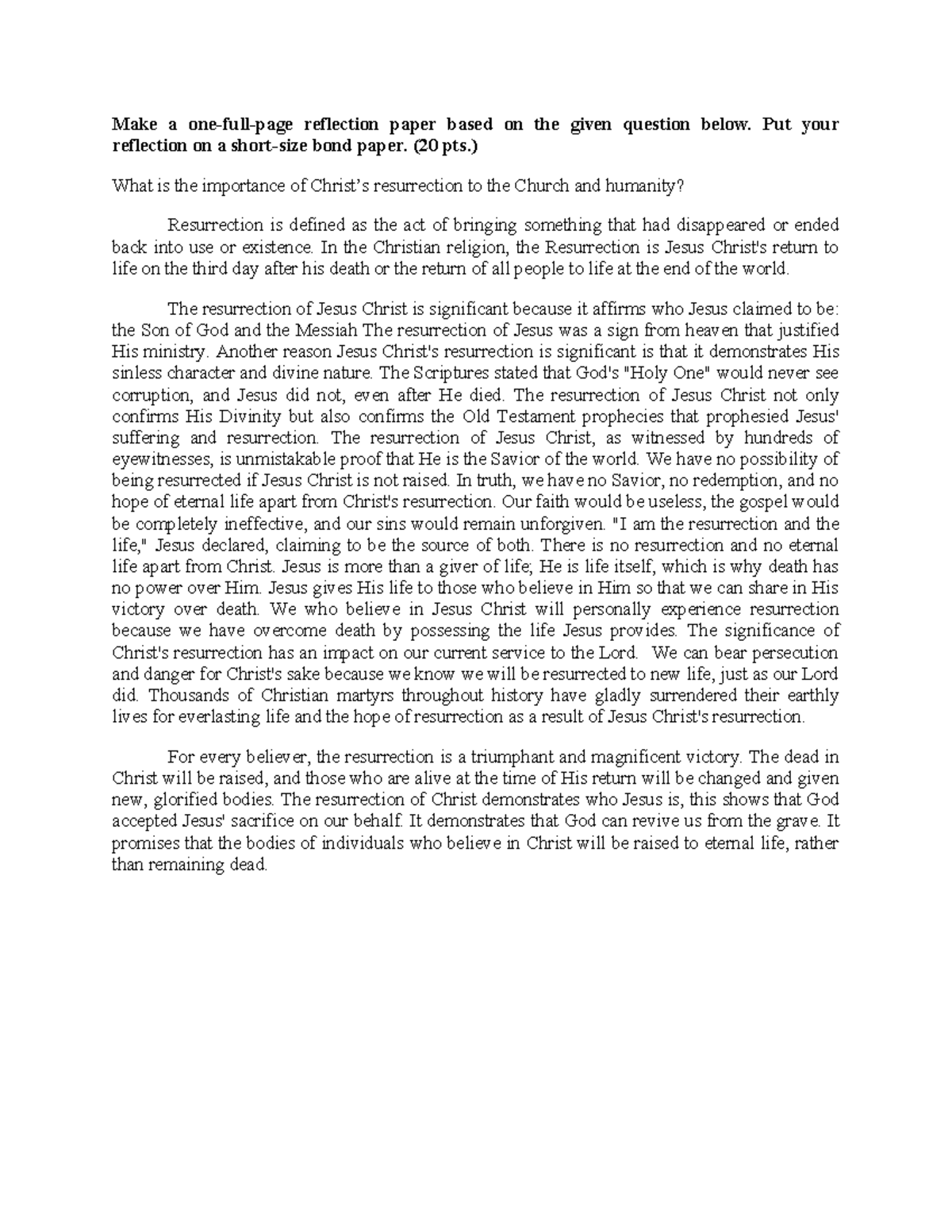 12 - Reflection Paper on the Importance of Christ's Resurrection - Studocu