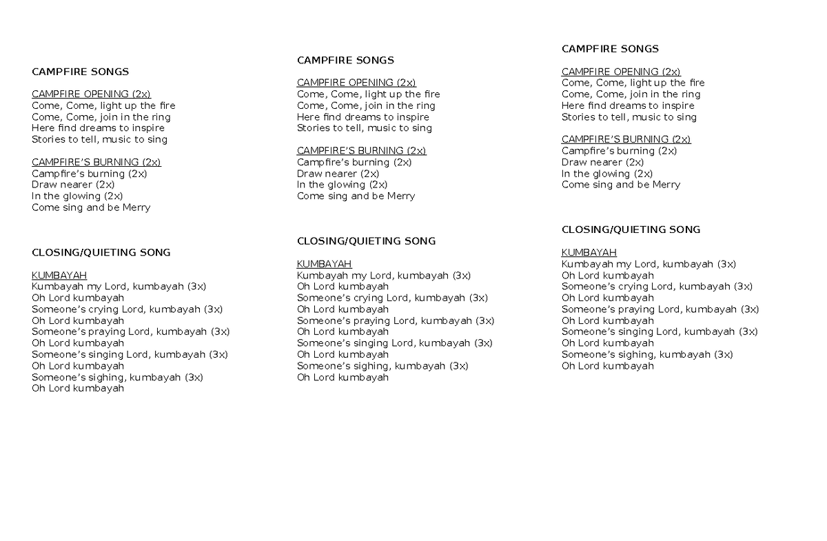 CAMPFIRE SONGS: A Collection of Melodies for Every Gatherings - Studocu