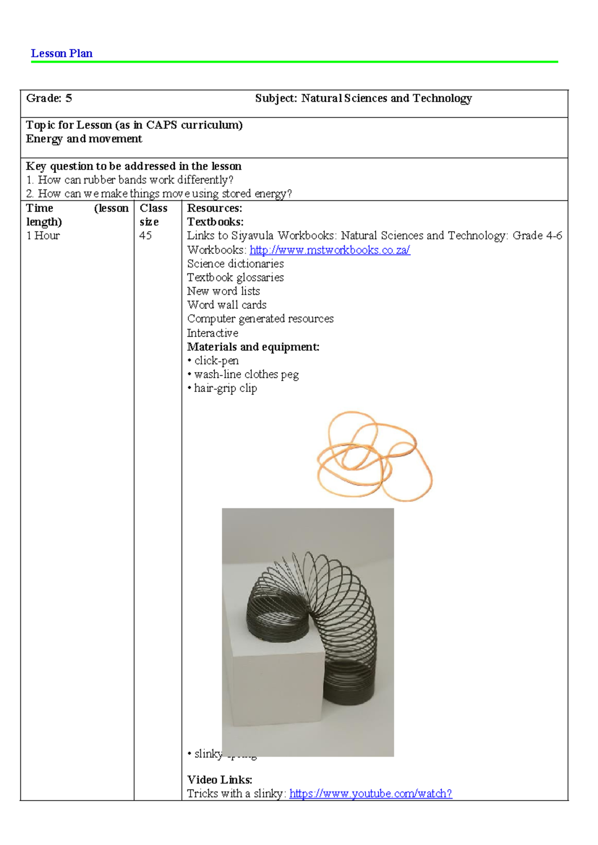 Lesson Plan: Energy and Movement in Natural Sciences (Grade 5) - Studocu