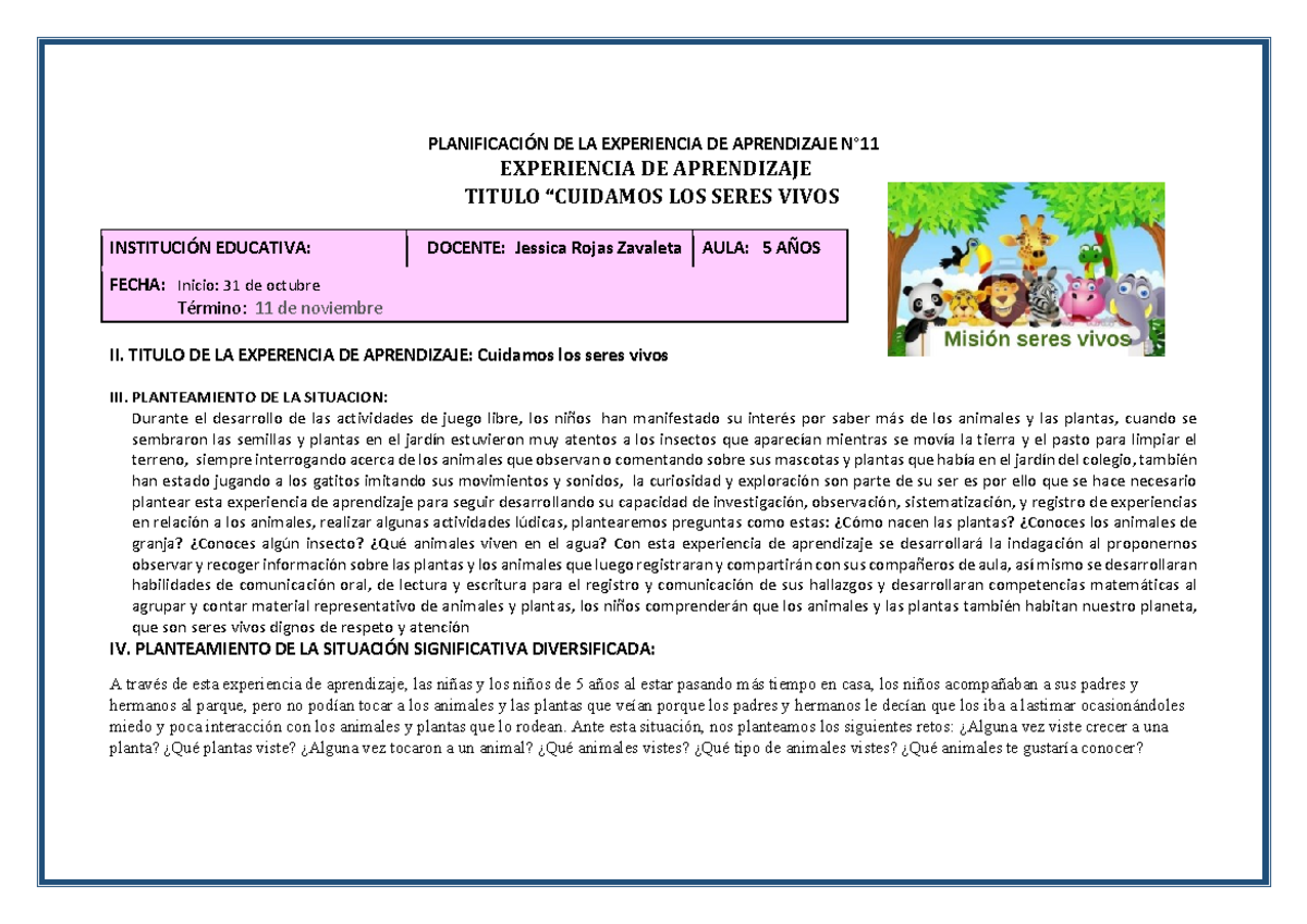 Cuidamos a los seres vivos - PLANIFICACIÓN DE LA EXPERIENCIA DE ...