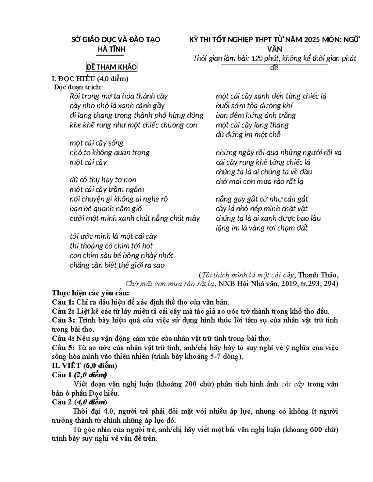 Đề 2 - Thơ - Đề Thi THPT Quốc Gia 2025: Phân Tích Hình Ảnh Cái Cây - Studocu